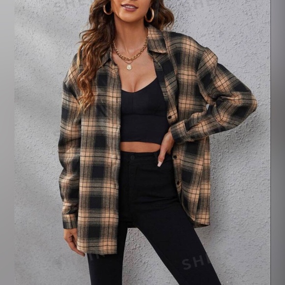 SHEIN | Tops | Shein Plaid Drop Shoulder Oversized Long Sleeve Flannel ...